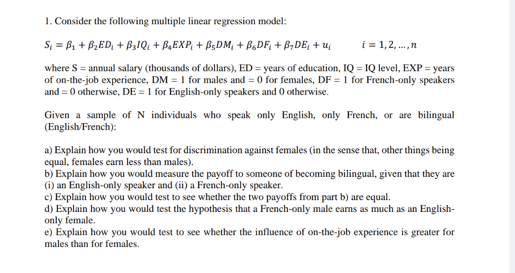 Solved 1. Consider the following multiple linear regression | Chegg.com