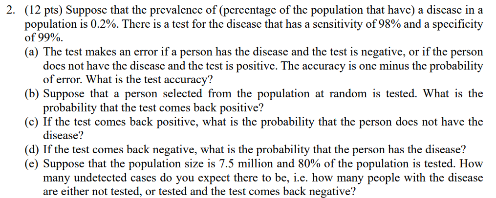 Solved 2. (12 pts) Suppose that the prevalence of | Chegg.com