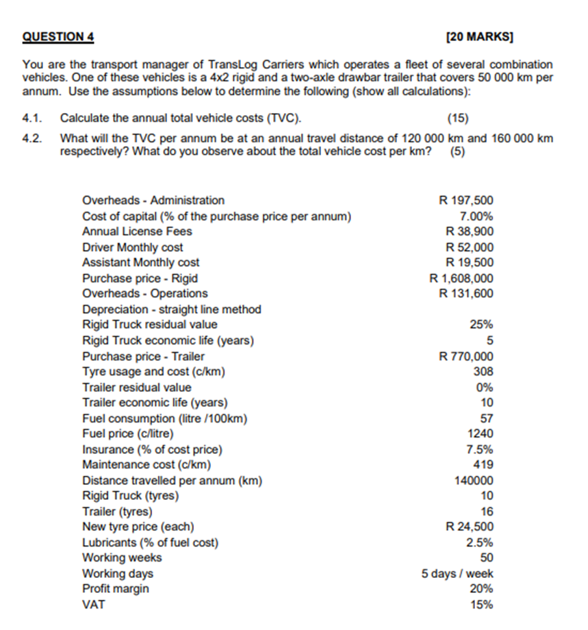 Solved QUESTION 4 [20 MARKS] You are the transport manager | Chegg.com