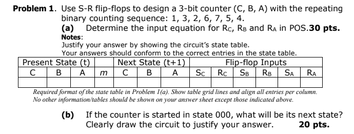 Solved Problem 1. Use S-R flip-flops to design a 3-bit | Chegg.com