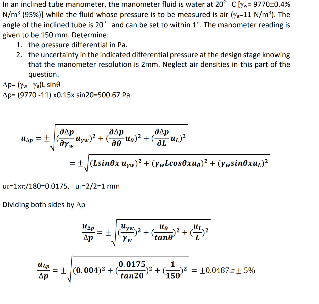 Solved In an inclined tube manometer, the manometer fluid is | Chegg.com