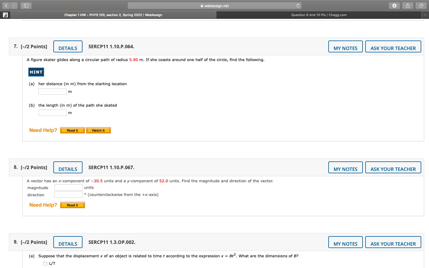 Solved webassign.net 6 Chapter 1 HW - PHYS 120, section 2, | Chegg.com