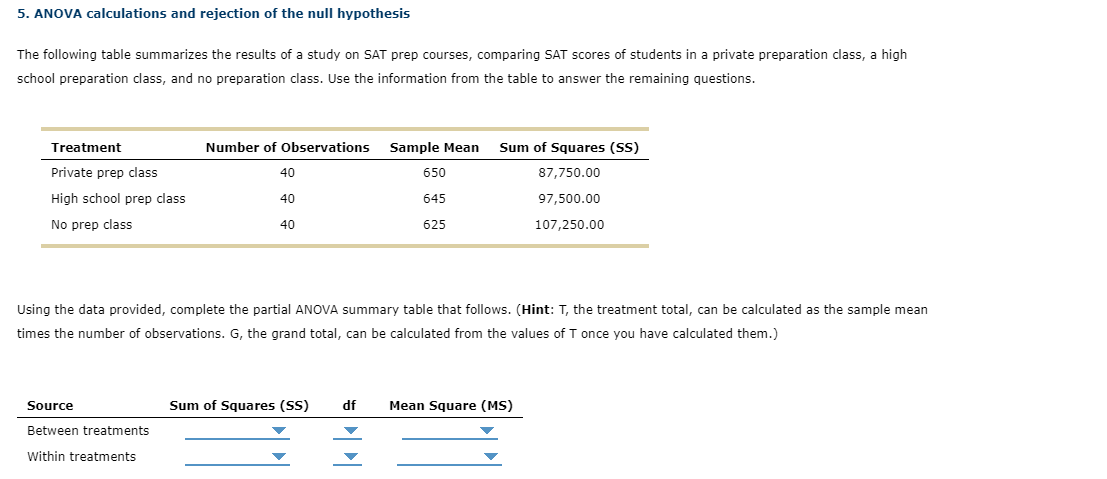 Solved 5. ANOVA calculations and rejection of the null | Chegg.com