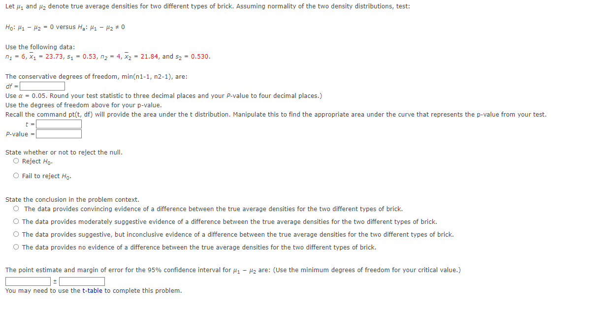 Solved Let μ1 and μ2 denote true average densities for two | Chegg.com