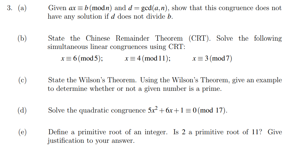 Solved 3. (a) Given ax = b(modn) and d=gcd(a,n), show that | Chegg.com