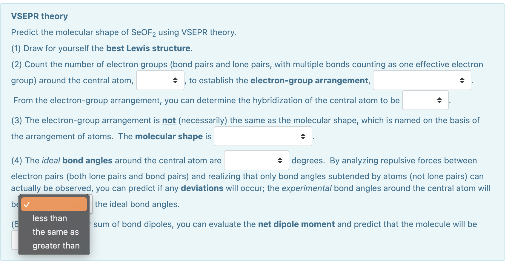 Solved VSEPR theory Predict the molecular shape of SeOF2 | Chegg.com