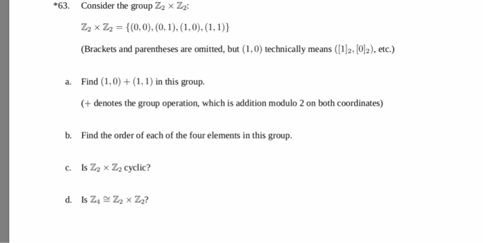 Solved 63. Consider the group Z2 x Z Z2 x Z2 (0,0), | Chegg.com
