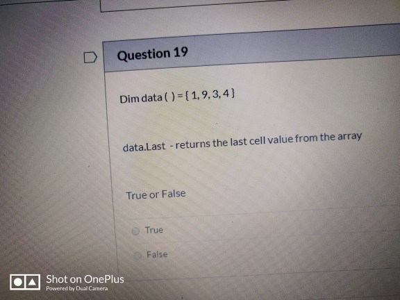 Solved Question 20 Dim data() As Integer = (3, 4, 2, 1} | Chegg.com