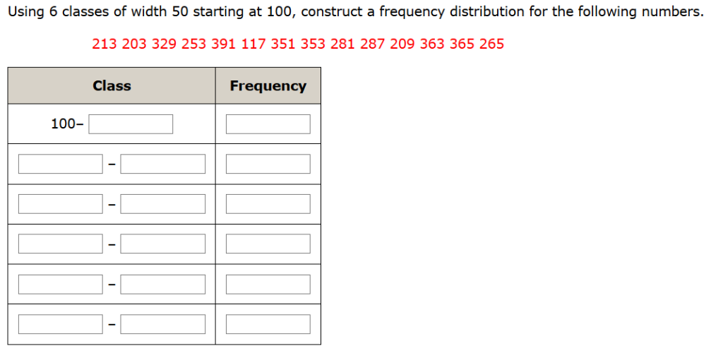 Solved Using 6 classes of width 50 starting at 100, | Chegg.com