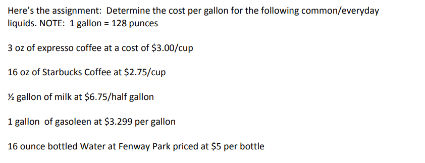 Solved Here's the assignment: Determine the cost per gallon | Chegg.com