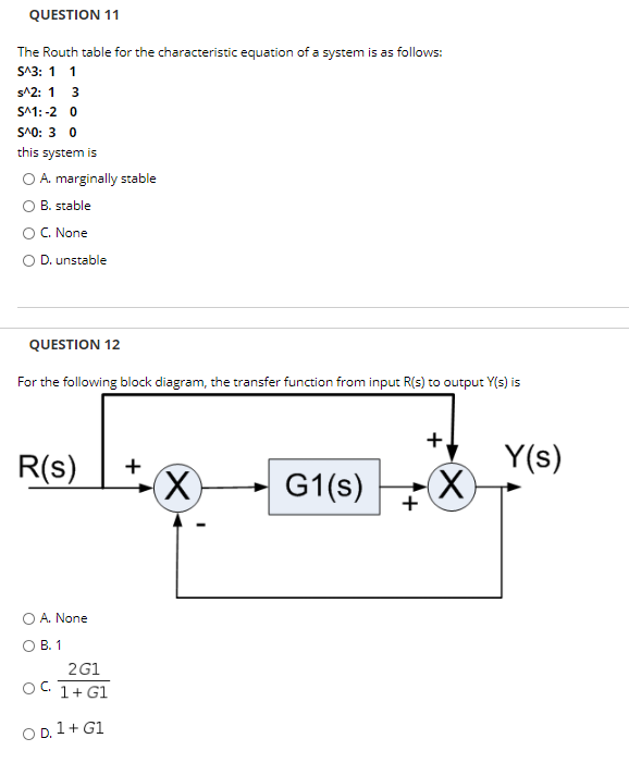 Solved QUESTION 11 The Routh table for the characteristic | Chegg.com