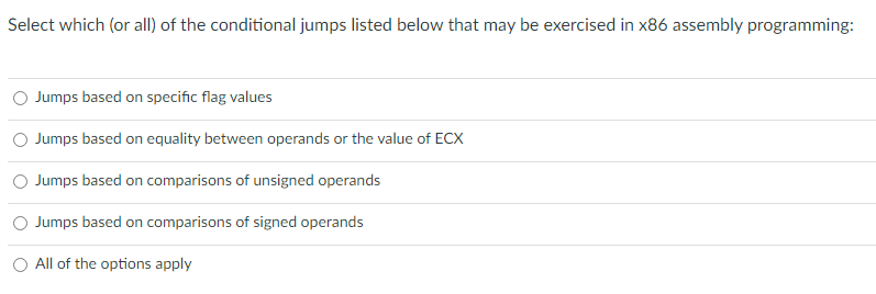 Solved Select which (or all) of the conditional jumps listed | Chegg.com