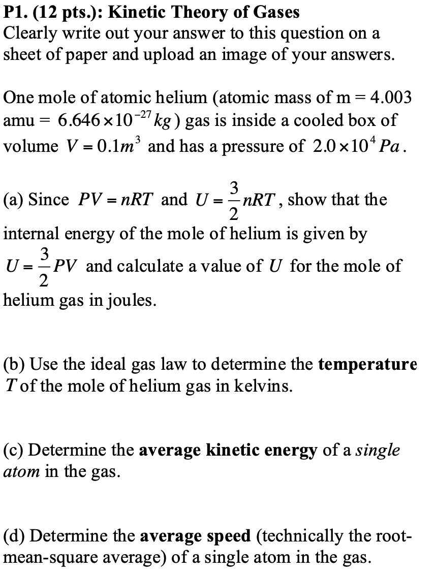 Solved P1. (12 pts.): Kinetic Theory of Gases Clearly write | Chegg.com