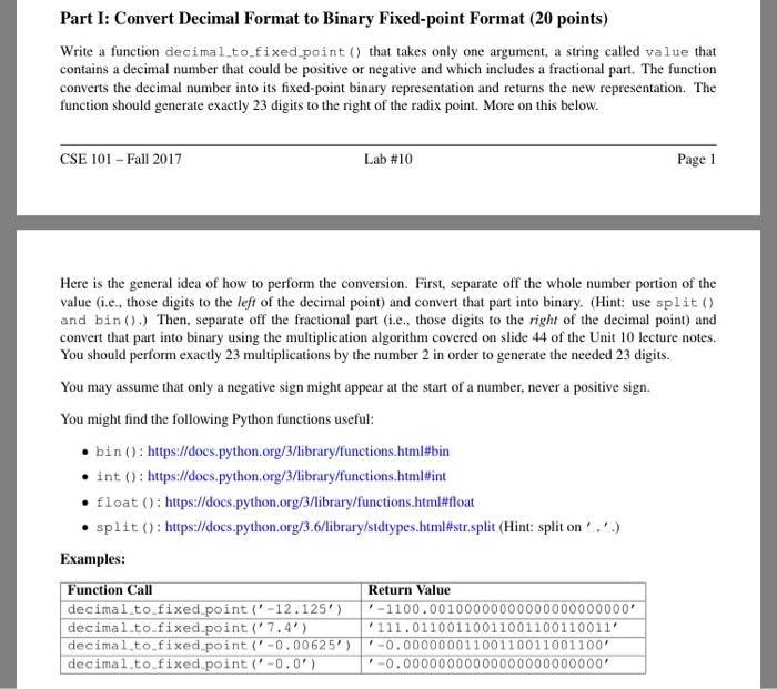Solved Part I: Convert Decimal Format to Binary Fixed-point | Chegg.com