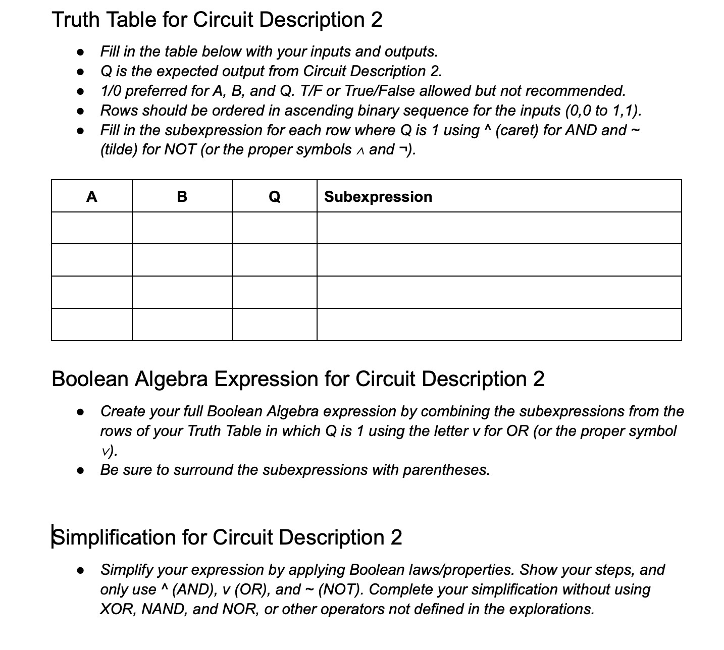 Solved Truth Table for Circuit Description 2 - Fill in the | Chegg.com
