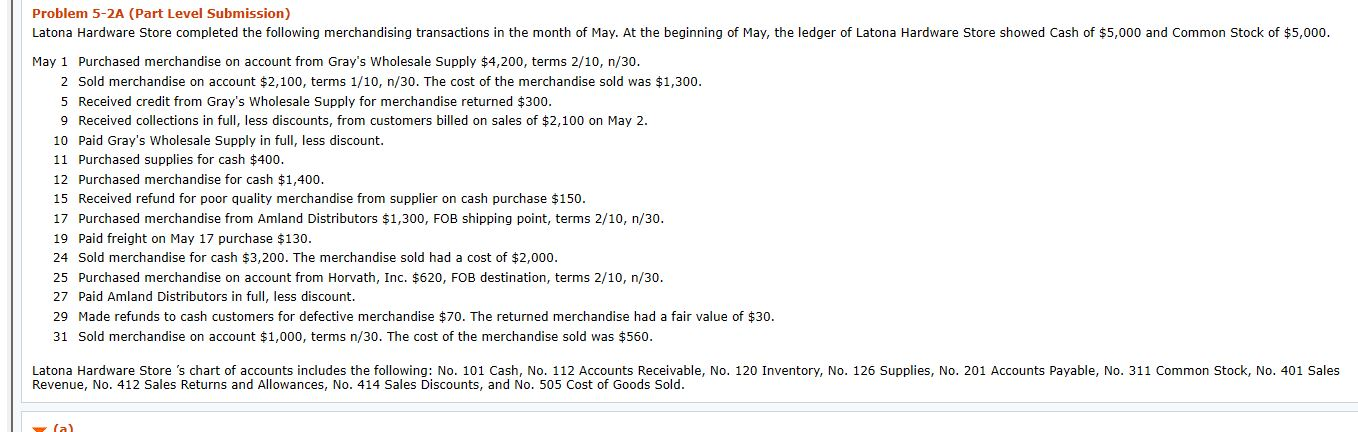 Solved Problem 5-2A (Part Level Submission) Latona Hardware | Chegg.com