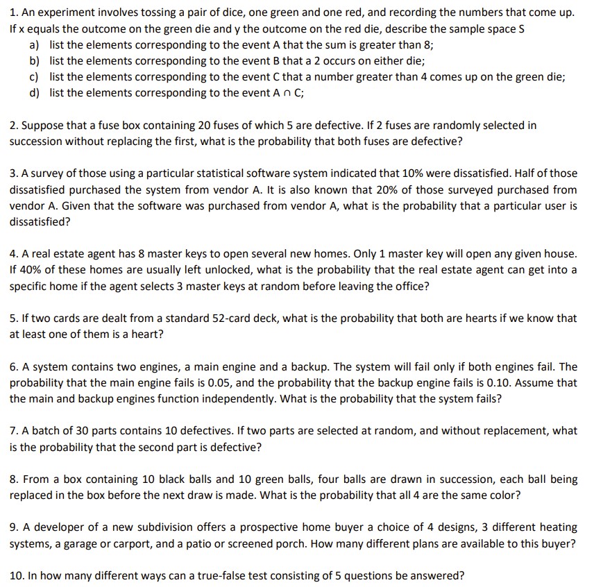 Solved 1. An experiment involves tossing a pair of dice, one | Chegg.com