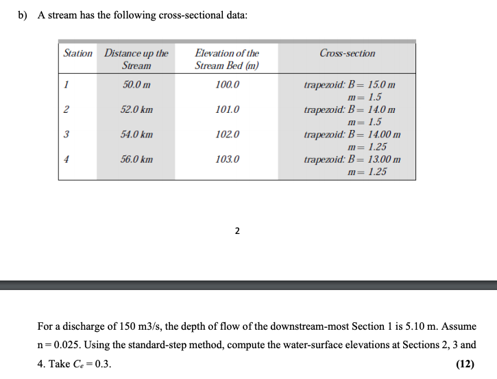 Solved b) A stream has the following cross-sectional data: | Chegg.com