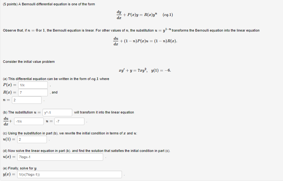Solved (5 points) A Bernoulli differential equation is one | Chegg.com