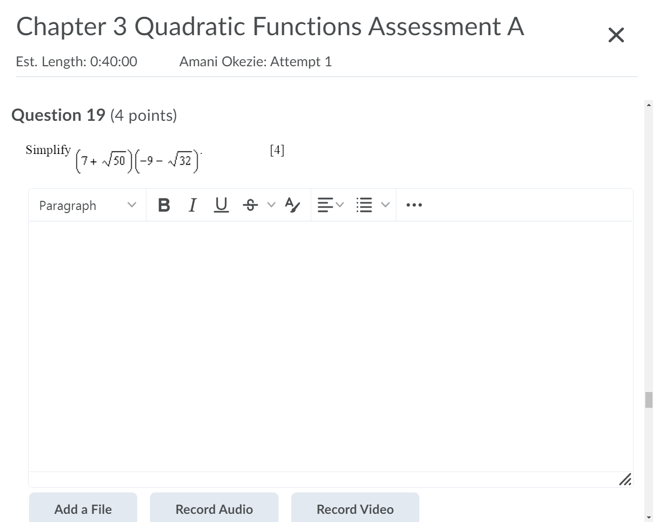 Solved Chapter 3 Quadratic Functions Assessment A Х Est. | Chegg.com