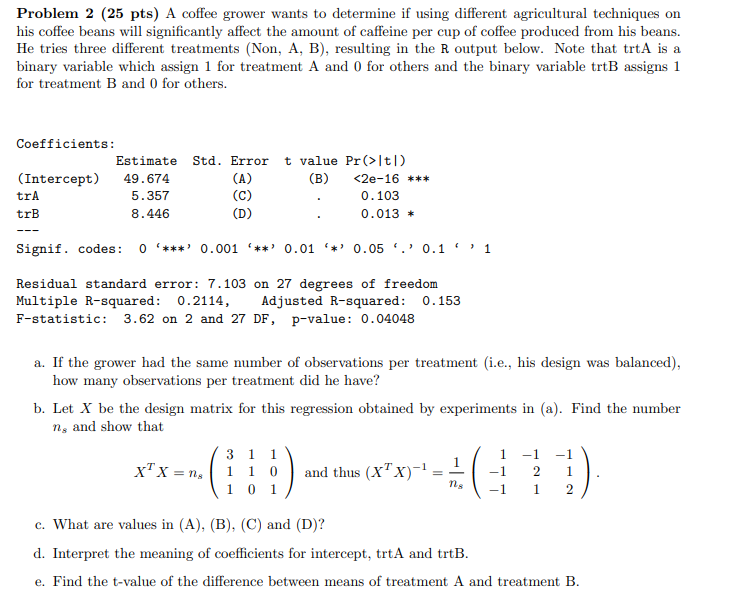 Solved Problem 2 (25 pts) A coffee grower wants to determine | Chegg.com