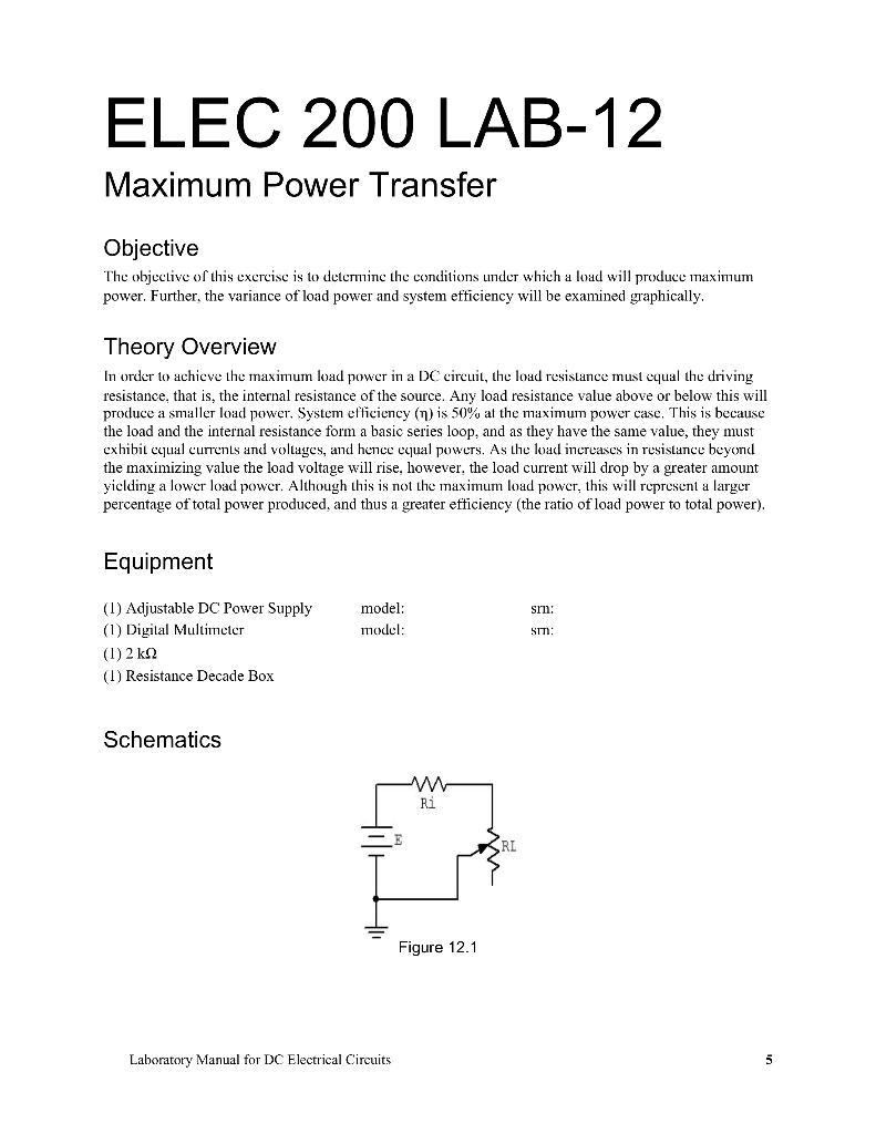 Solved ELEC 200 LAB-12 Maximum Power Transfer Objective The | Chegg.com