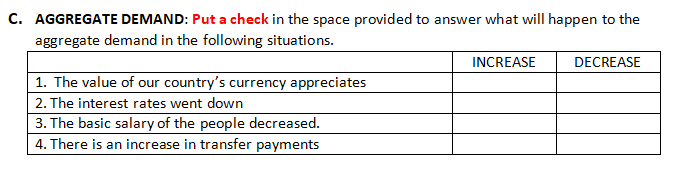 Solved AGGREGATE DEMAND: Put a check in the space provided | Chegg.com