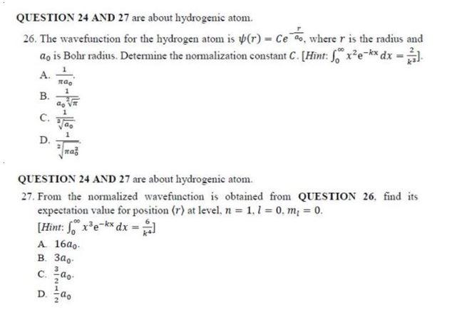 Solved QUESTION 24 AND 27 are about hydrogenic atom. 26. The | Chegg.com