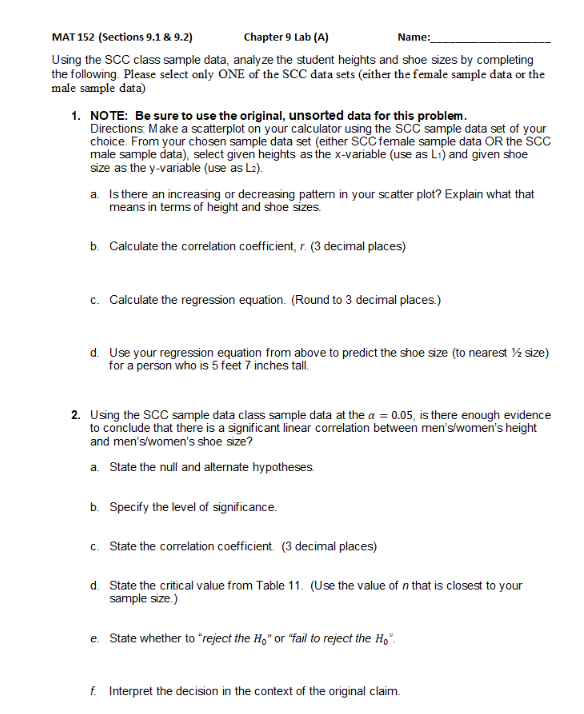 MAT 152 (Sections 9.1& 9.2) Chapter 9 Lab (A) Name: | Chegg.com