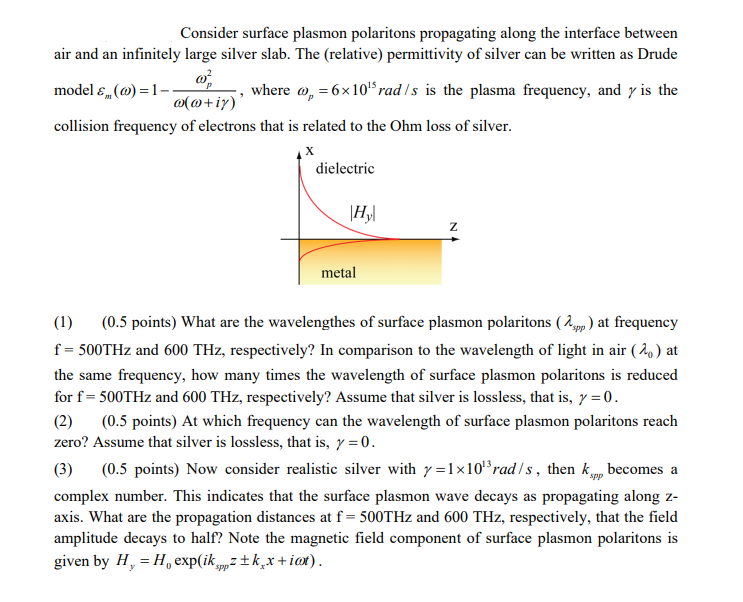 Consider surface plasmon polaritons propagating along | Chegg.com