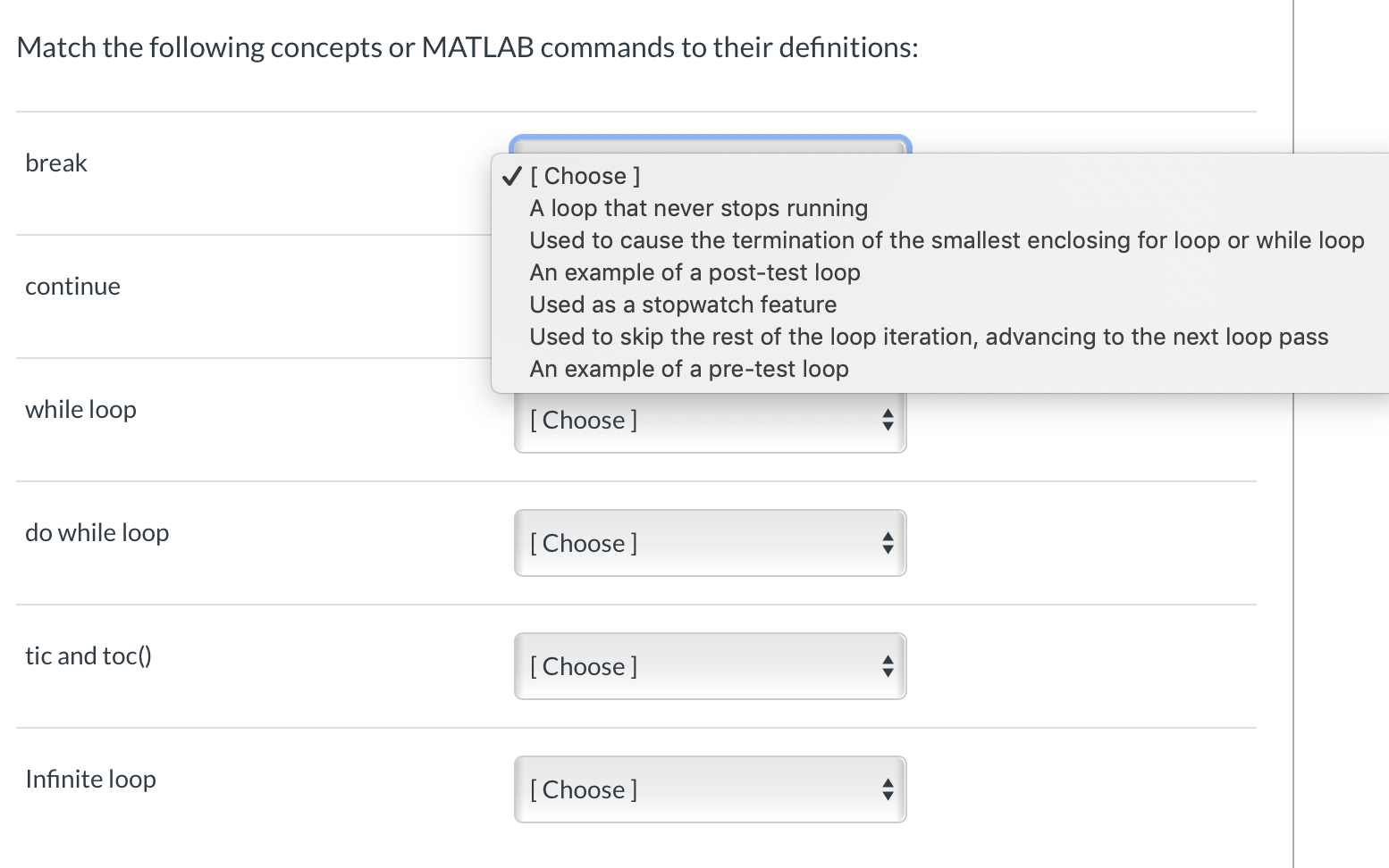 Solved Match the following concepts or MATLAB commands to | Chegg.com