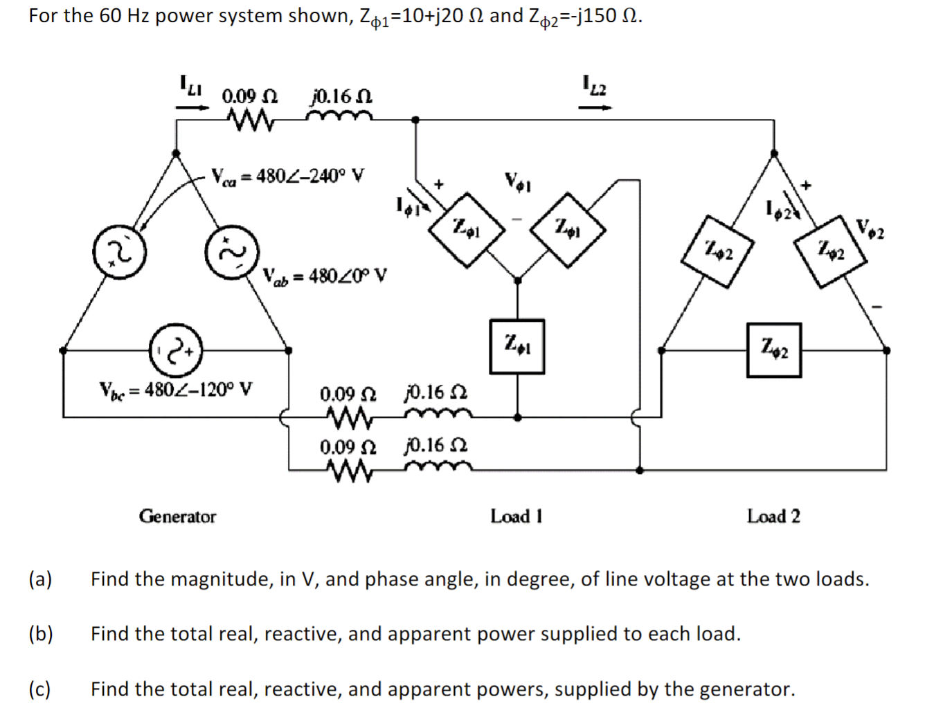 Solved For the 60 Hz power system shown, Zϕ1=10+j20Ω and | Chegg.com