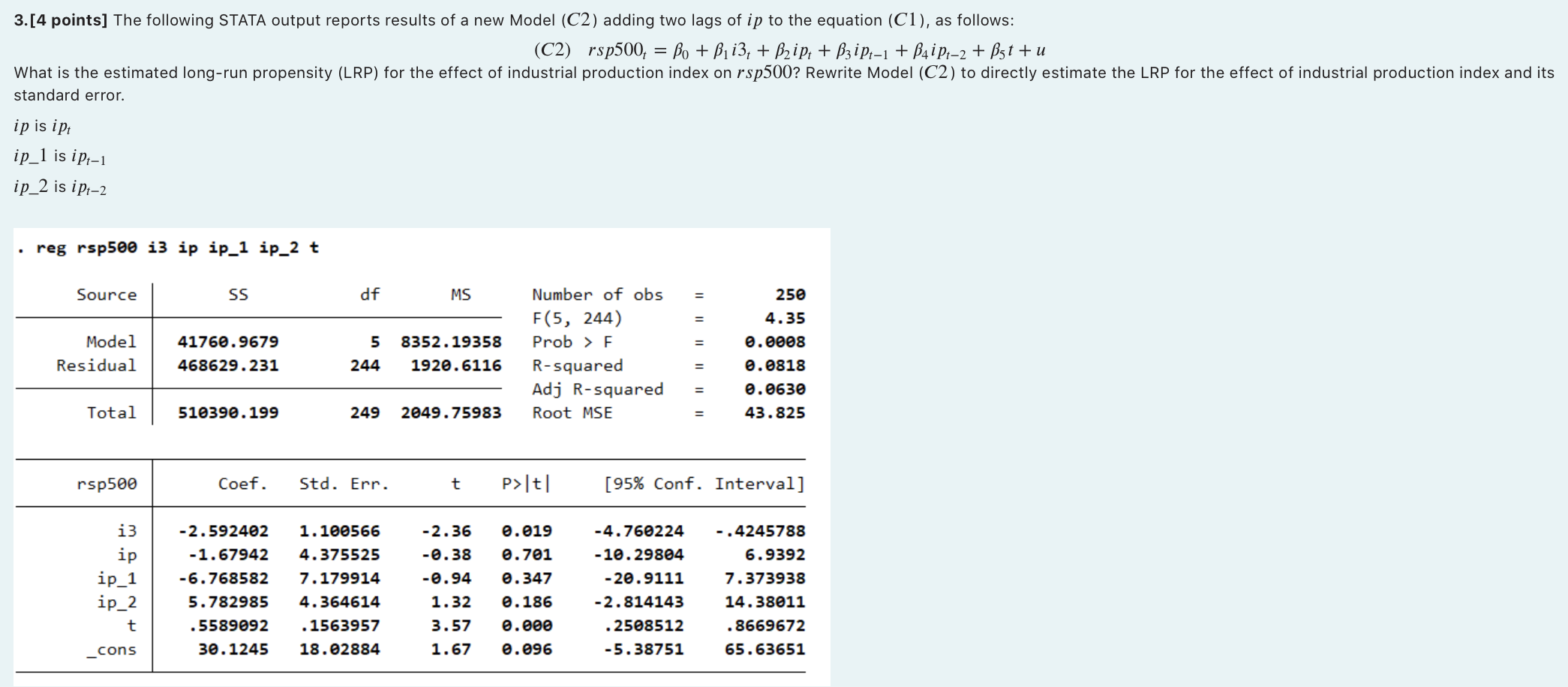 Solved 3.[4 points] The following STATA output reports | Chegg.com