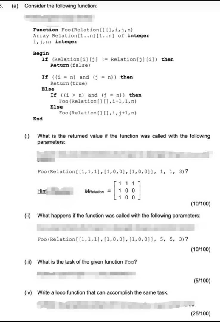 Solved 3. (a) Consider the following function: Function Foo | Chegg.com