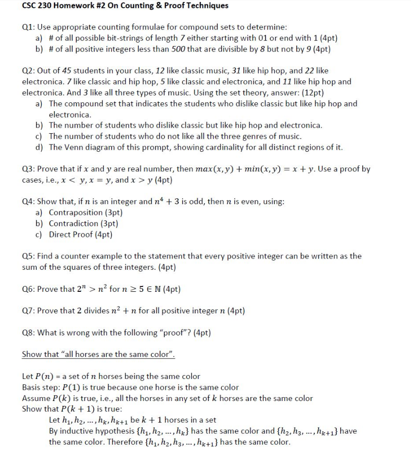 Solved CSC 230 Homework #2 On Counting & Proof Techniques | Chegg.com