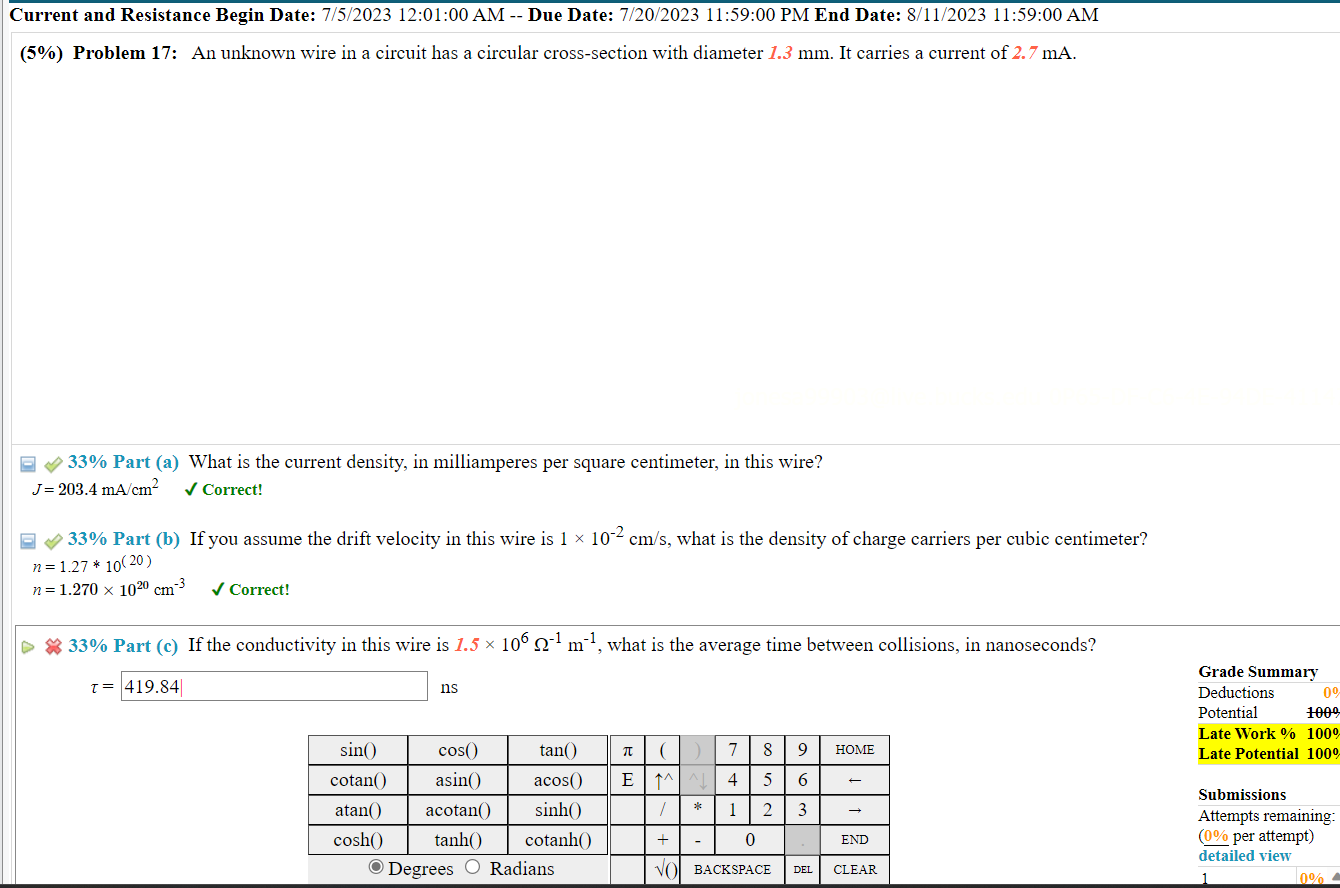 Solved (5\%) Problem 17: An unknown wire in a circuit has a | Chegg.com