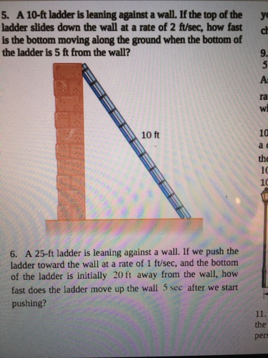 Solved A 10-ft ladder is leaning against a wall. If the top | Chegg.com