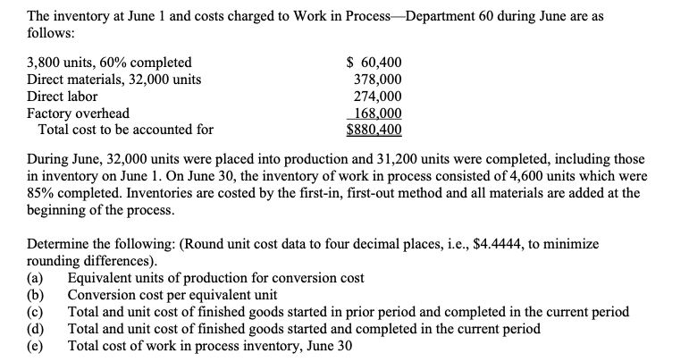 Solved The inventory at June 1 and costs charged to Work in | Chegg.com
