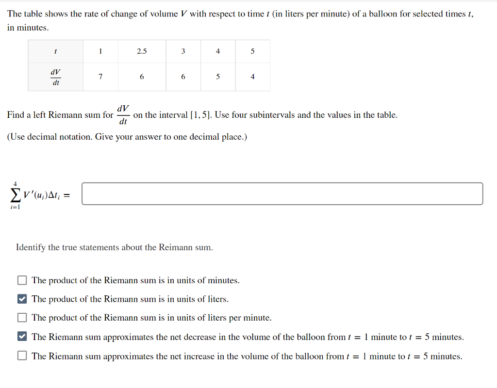 Solved Find a left Riemann sum for 𝑑𝑉𝑑𝑡 on the interval | Chegg.com