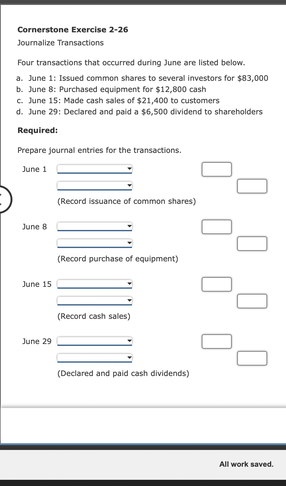 Solved Cornerstone Exercise 2-26Journalize TransactionsFour | Chegg.com