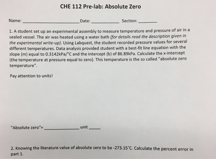 CHE 112 Pre-lab: Absolute Zero Name: Section:_ Date: | Chegg.com