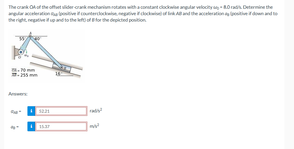 Solved The crank OA of ﻿the offset slider-crank mechanism | Chegg.com