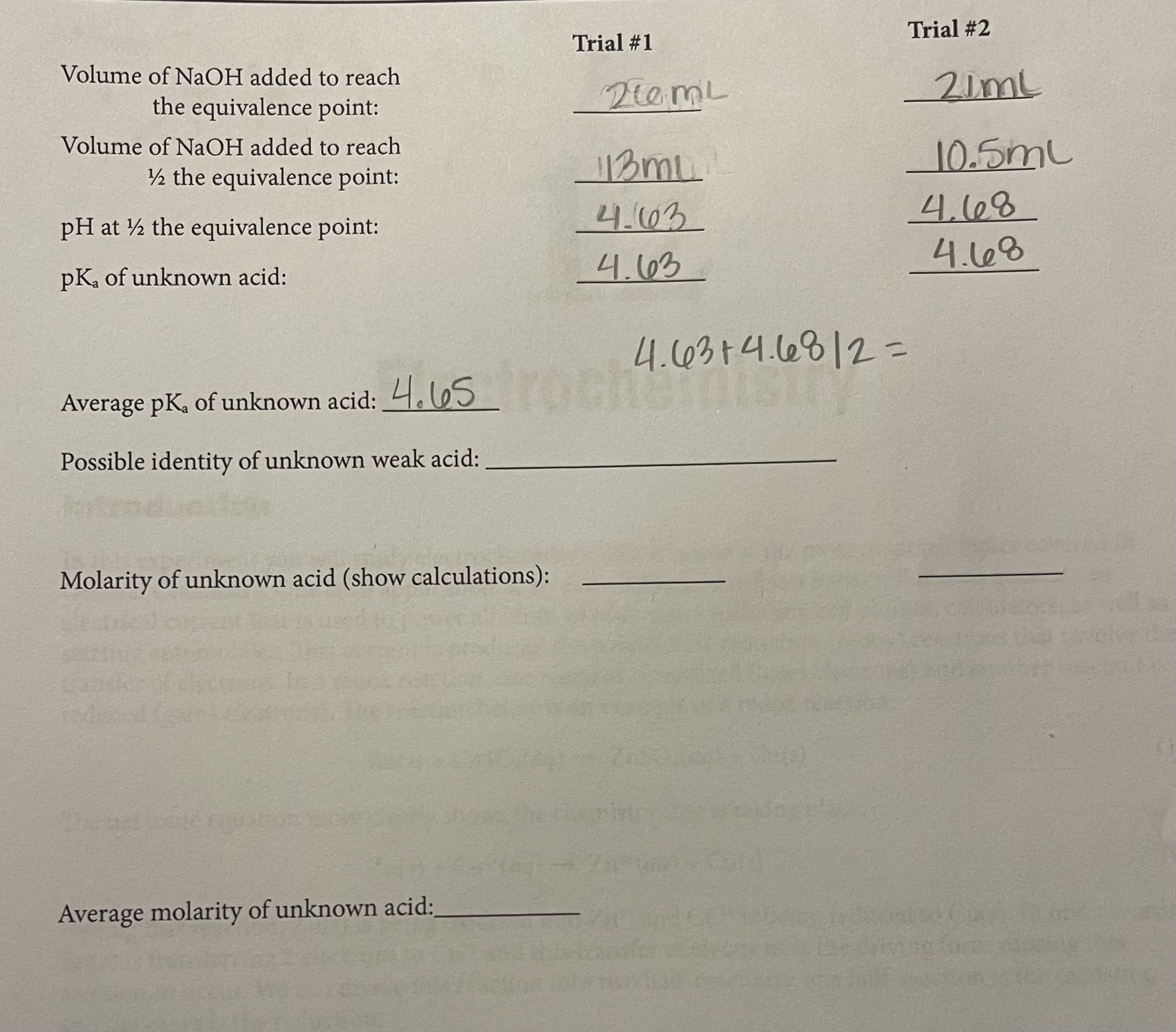 Solved Average molarity of unknown acid: | Chegg.com