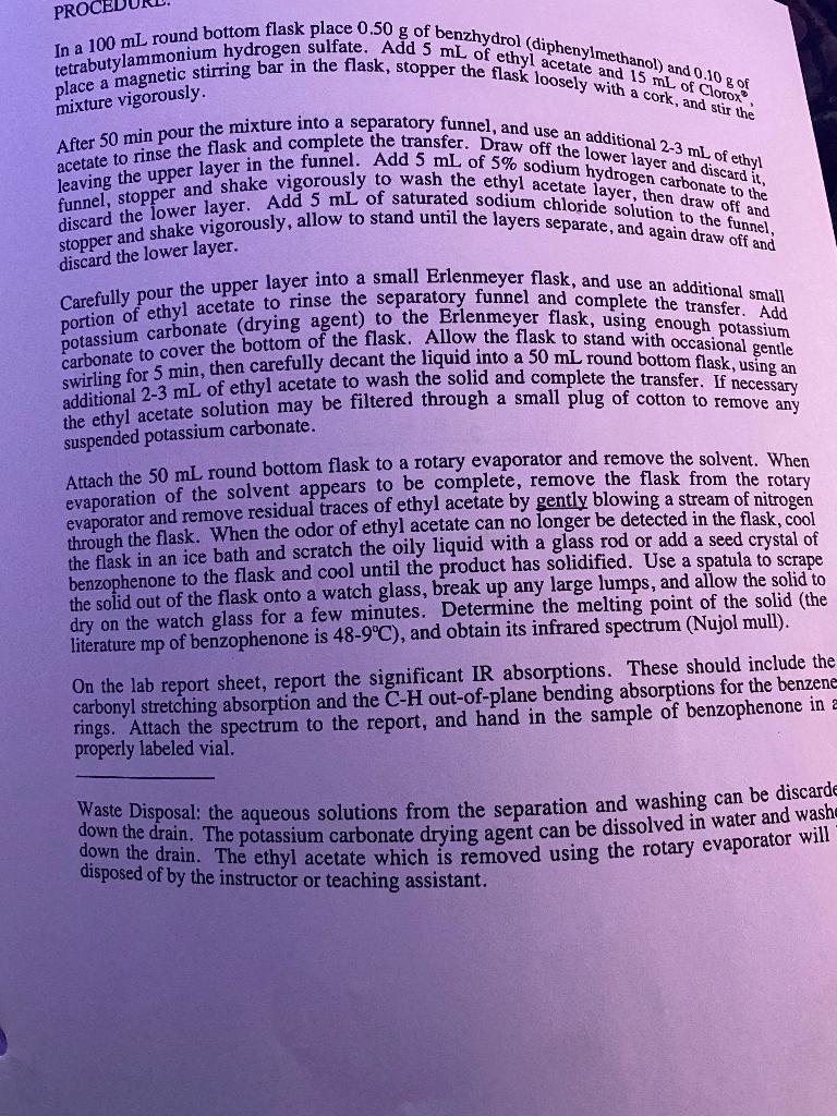 Solved Overall equation for oxidation of benzhydrol to | Chegg.com