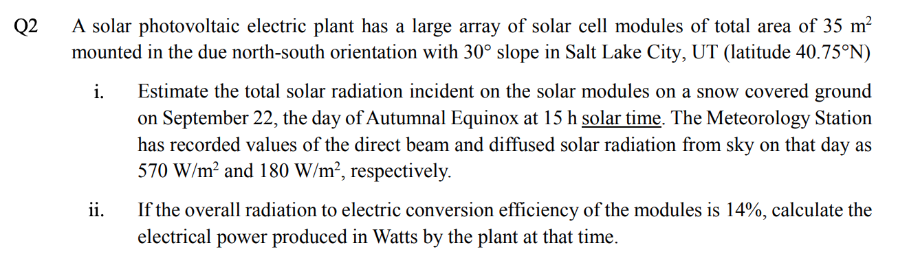 Solved Q2 A solar photovoltaic electric plant has a large | Chegg.com