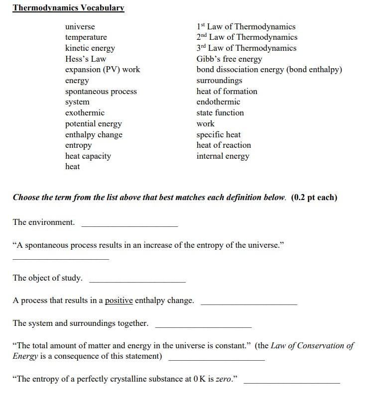 Solved Thermodynamics Vocabulary universe temperature | Chegg.com