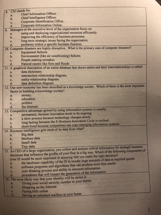 Solved CIO stands for a. Chief Information Officer. b. Chief | Chegg.com