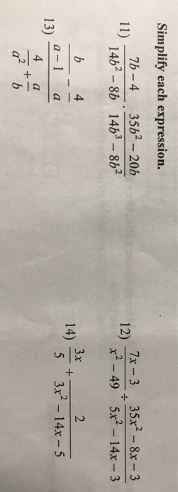 Solved Simplify each expression. 7b-4 35b2-20b 14b2 8b 14b3 | Chegg.com