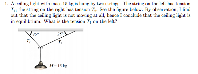 Solved 1. A ceiling light with mass 15 kg is hung by two | Chegg.com
