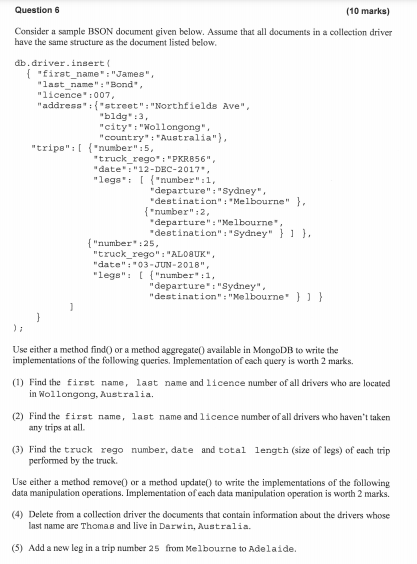 Solved Question 6 (10 marks) Consider a sample BSON document | Chegg.com